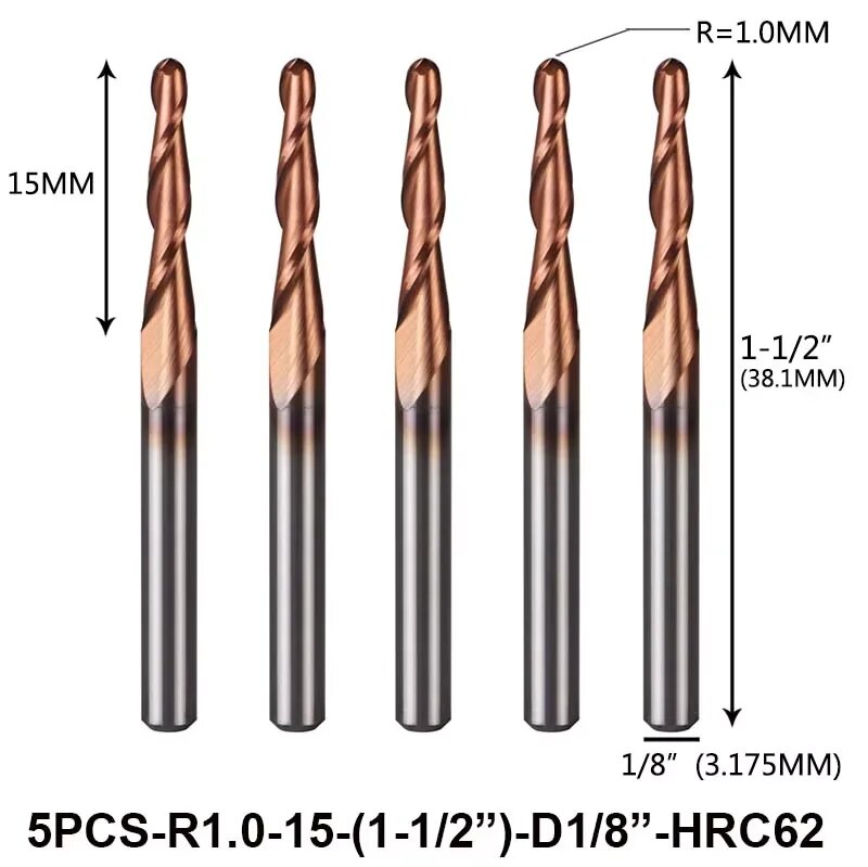 Фреза сферическая R1.0x15 мм, HRC62, 5 шт.