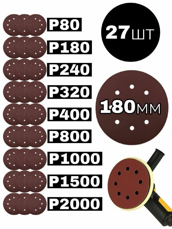 Набор шлифовальных кругов 180 мм с зернистостей P80 - P2000, с 8 отверстиями для эксцентриковой шлифмашины