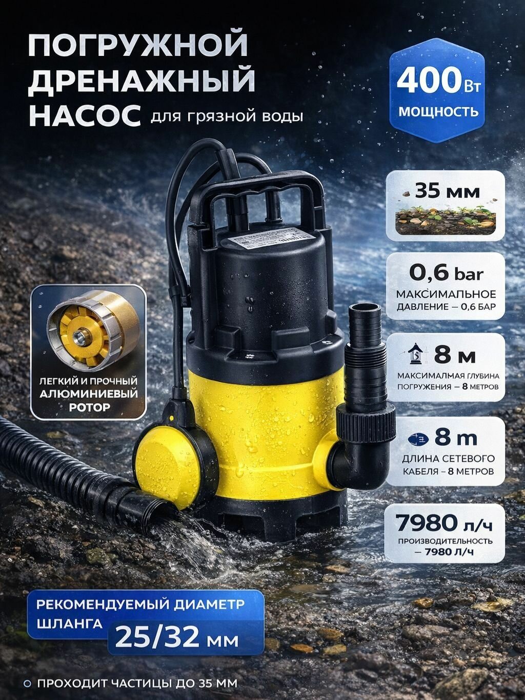 Насос погружной дренажный для грязной воды, 7980 л/ч