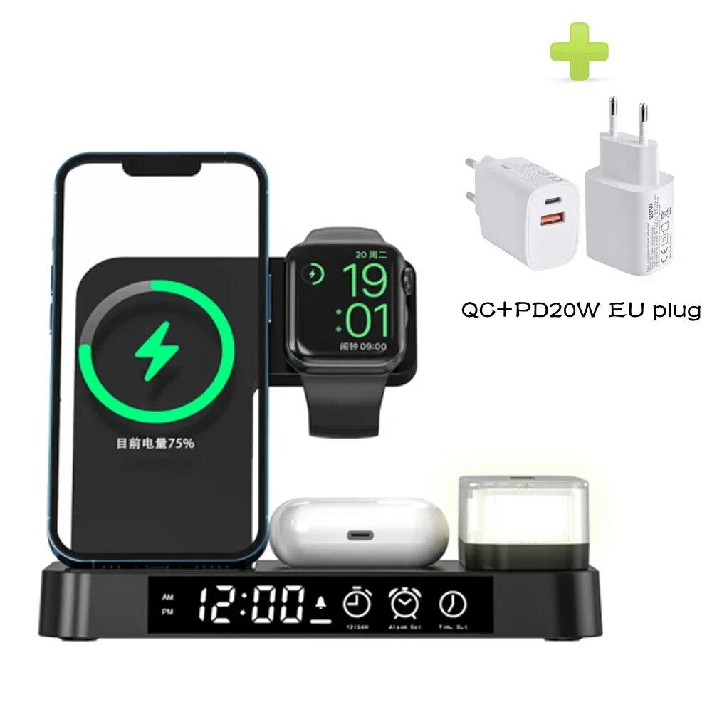 HAAYOT Night Light Wireless Charger with Alarm Clock for iPhone 16 15 14 13 Fast Charging Station for Apple watch AirPods pro