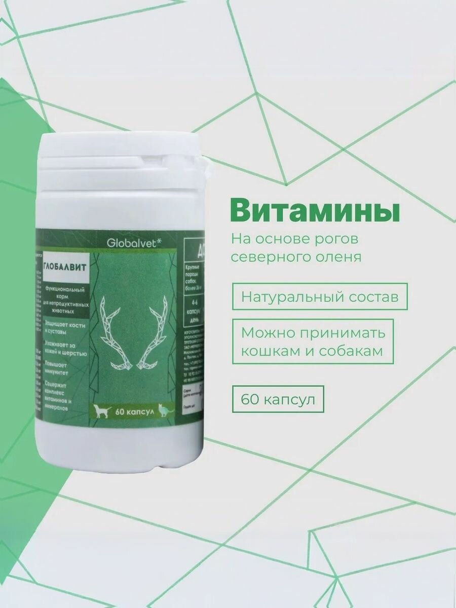 Витамины для кошек и собак на основе рогов северного оленя GlobalVit для костей, суставов, шерсти и иммунитета комплекс с глюкозамином, биотином и Омега-3, 60 капсул