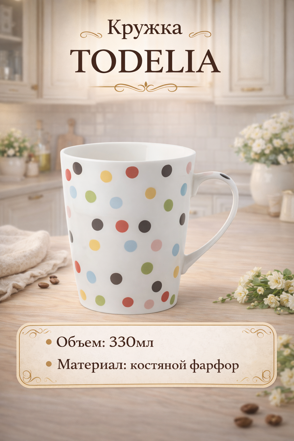 Кружка TODELIA "Геометрия", горошек, 330 мл, костяной фарфор