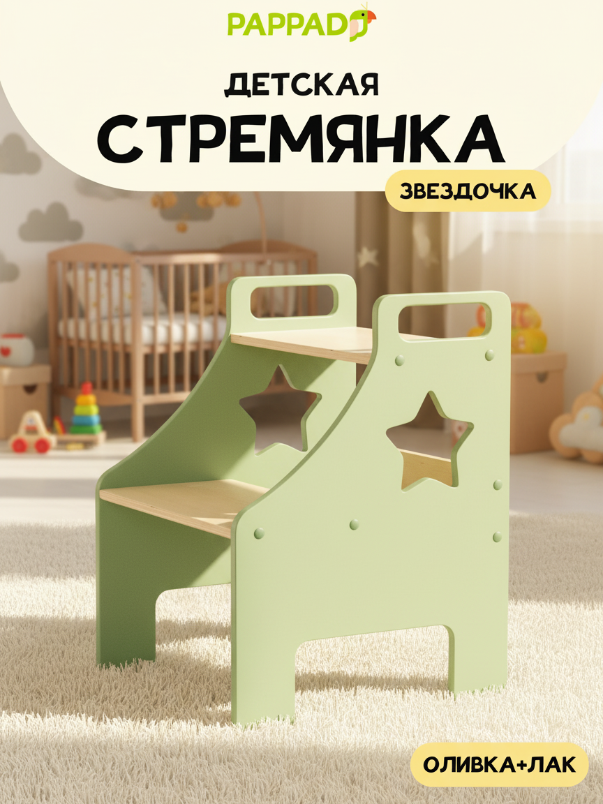 Детская стремянка "звёздочка" от "Pappado", с ручками, цвет оливковый + лак, нагрузка до 70 кг