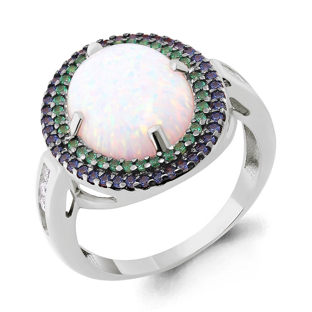 Кольцо, серебро, 925 проба, фианит, опал, сапфир, изумруд