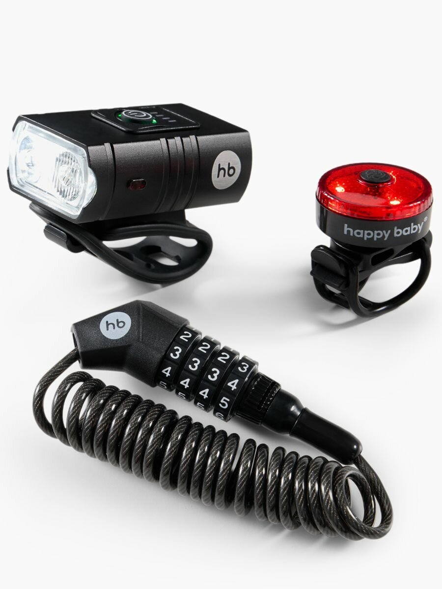 40106, Аксессуары для велосипеда Happy Baby, набор для велосипеда, фонарики и велозамок, черные