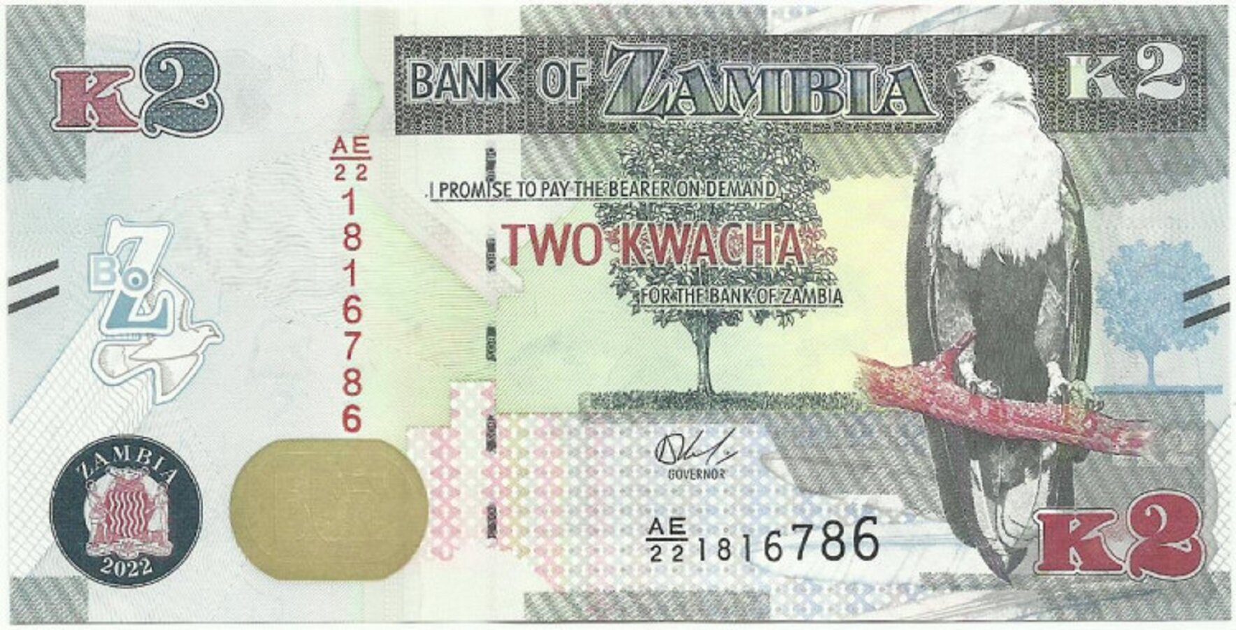 Банкнота номиналом 2 квача Замбии 2015-2022 годов. Состояние UNC P-56 (40735)