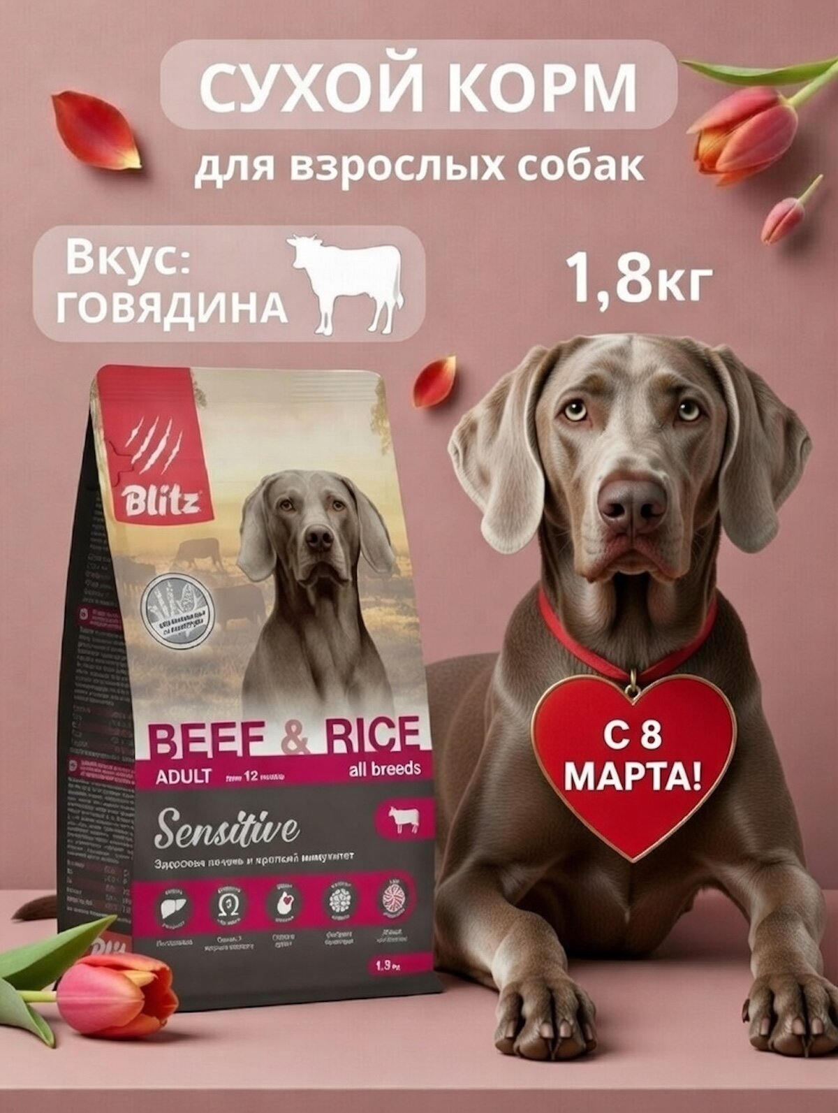 Сухой корм для собак Blitz Sensitive adult Beef & Rice говядина и рис 1,8 кг