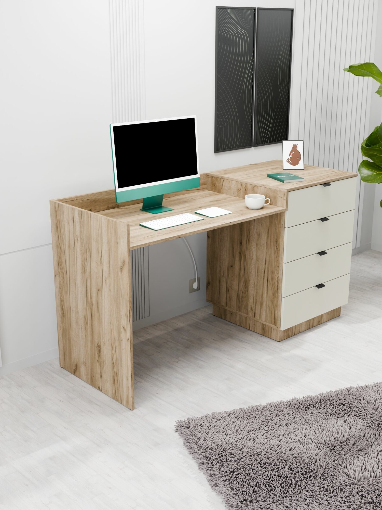 Изумлит Стол письменный для офиса и дома Бридж 163.2х86.6х60 см, дуб крафт серый - бежевый