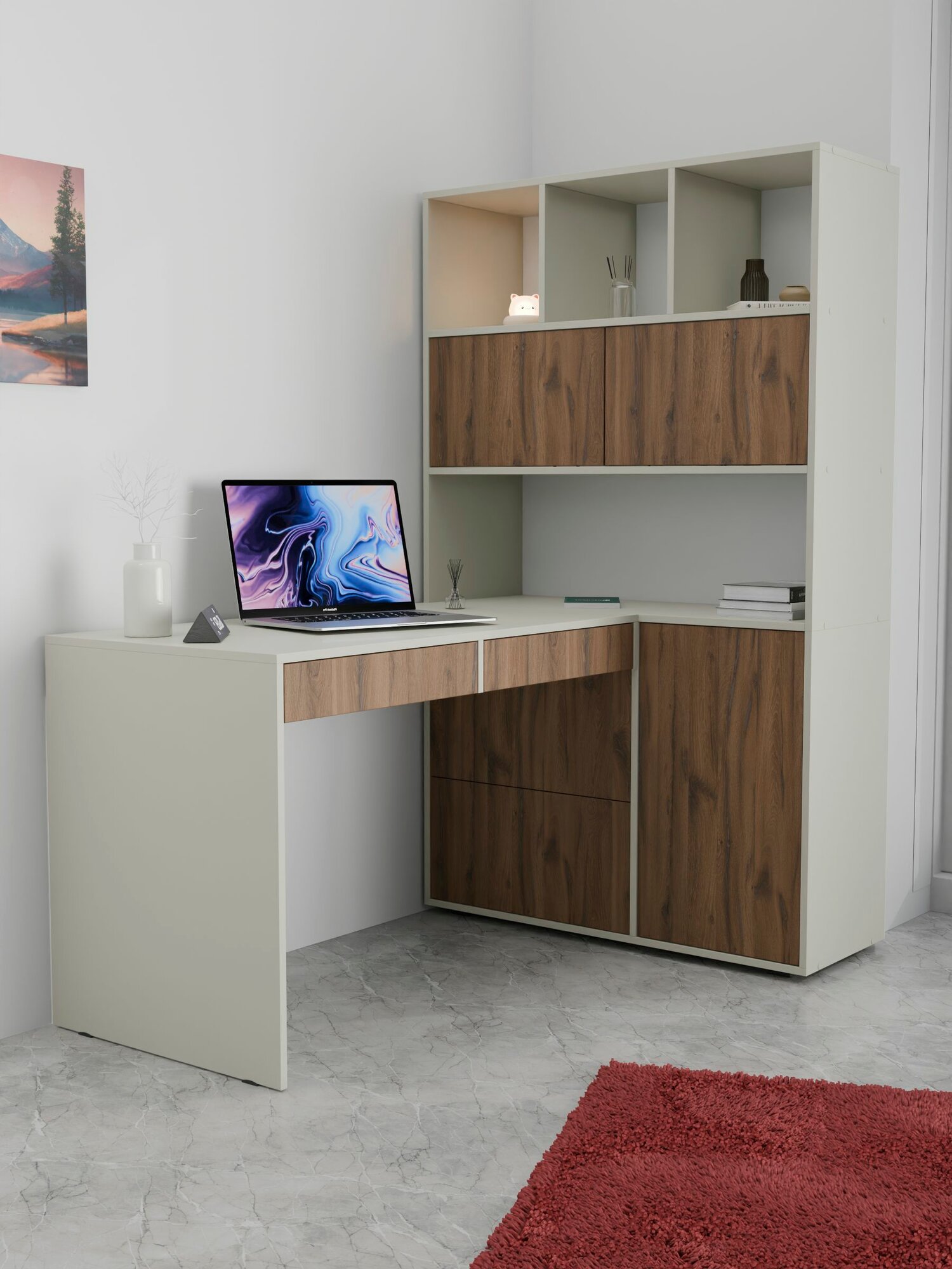 Изумлит Стол-шкаф письменный угловой для учебы и работы, шкаф справа 168х100х147.6 см, бежевый-дуб крафт табачный