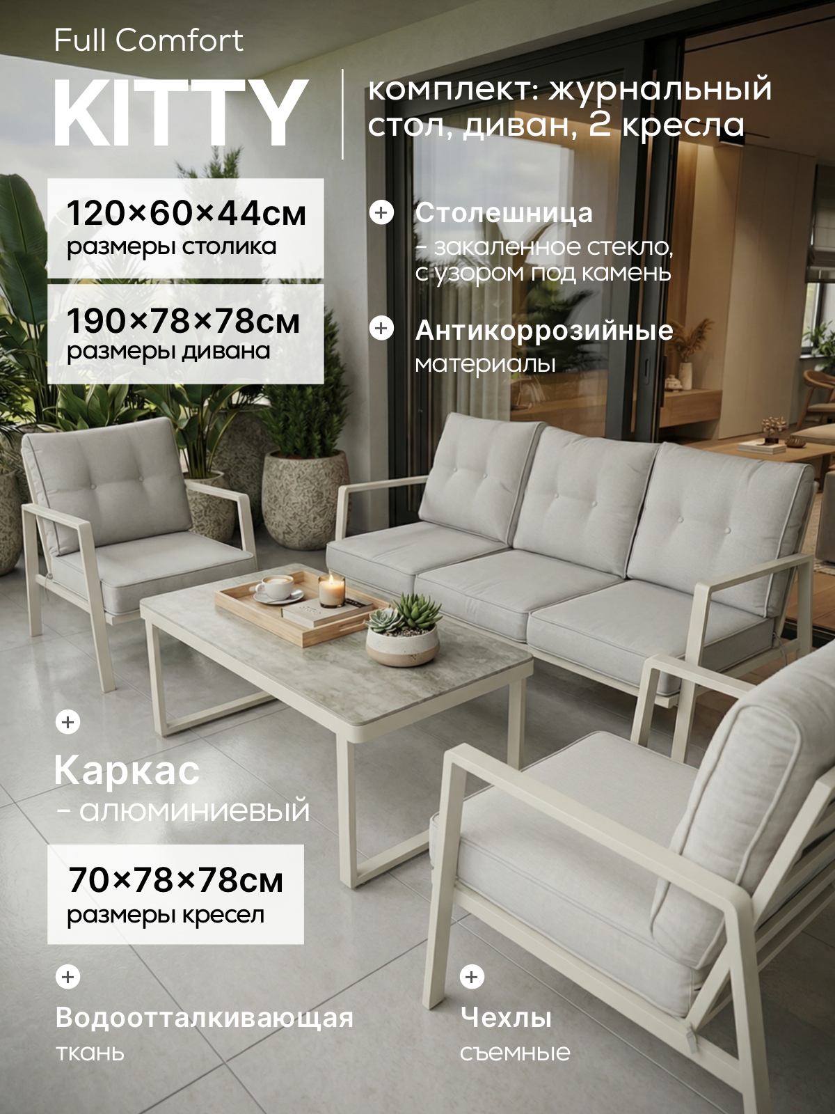 PREMIUM Комплект мебели Full Comfort - KITTY алюминиевый каркас в стиле лофт на 5 персон