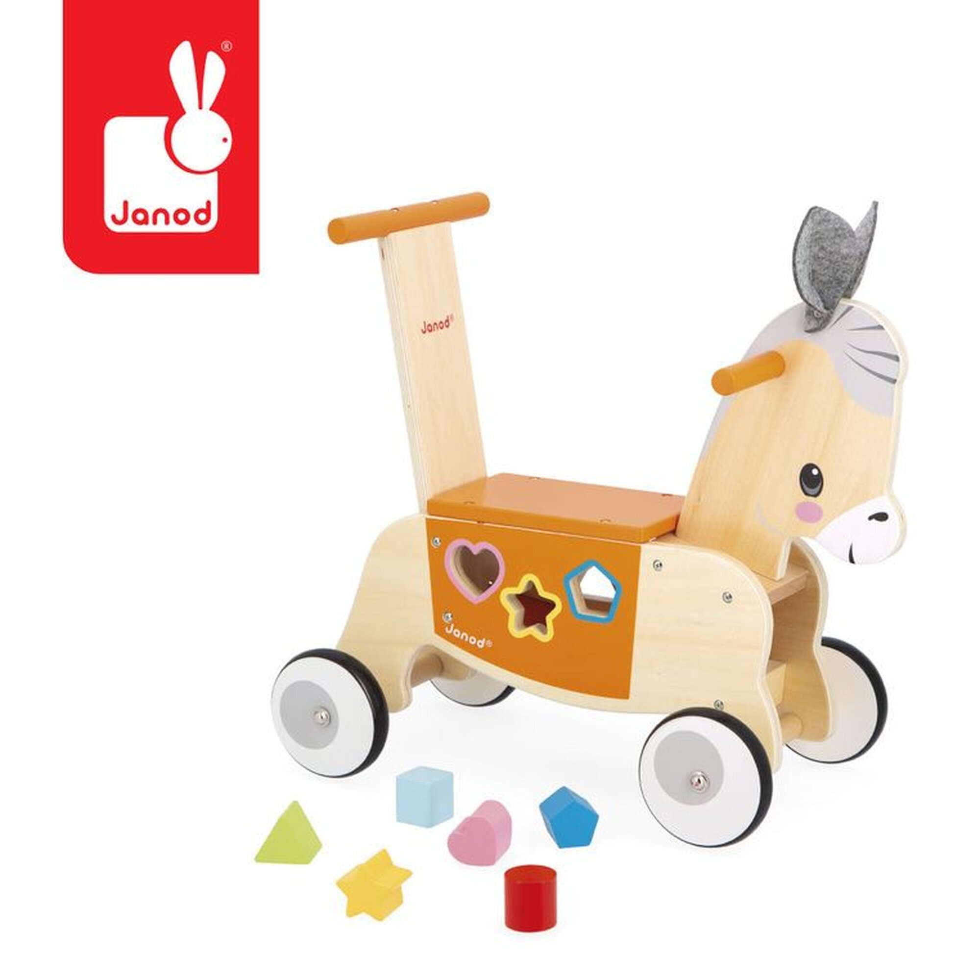Развивающая каталка Janod - Универсальная коляска-ослик для катания и толкания, с сортировщиком форм - Янод J03325
