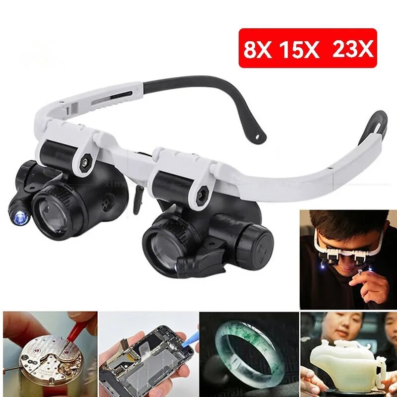 Светодиодная лупа 8X 15X 23X для ремонта ювелирных часов с наголовным креплением