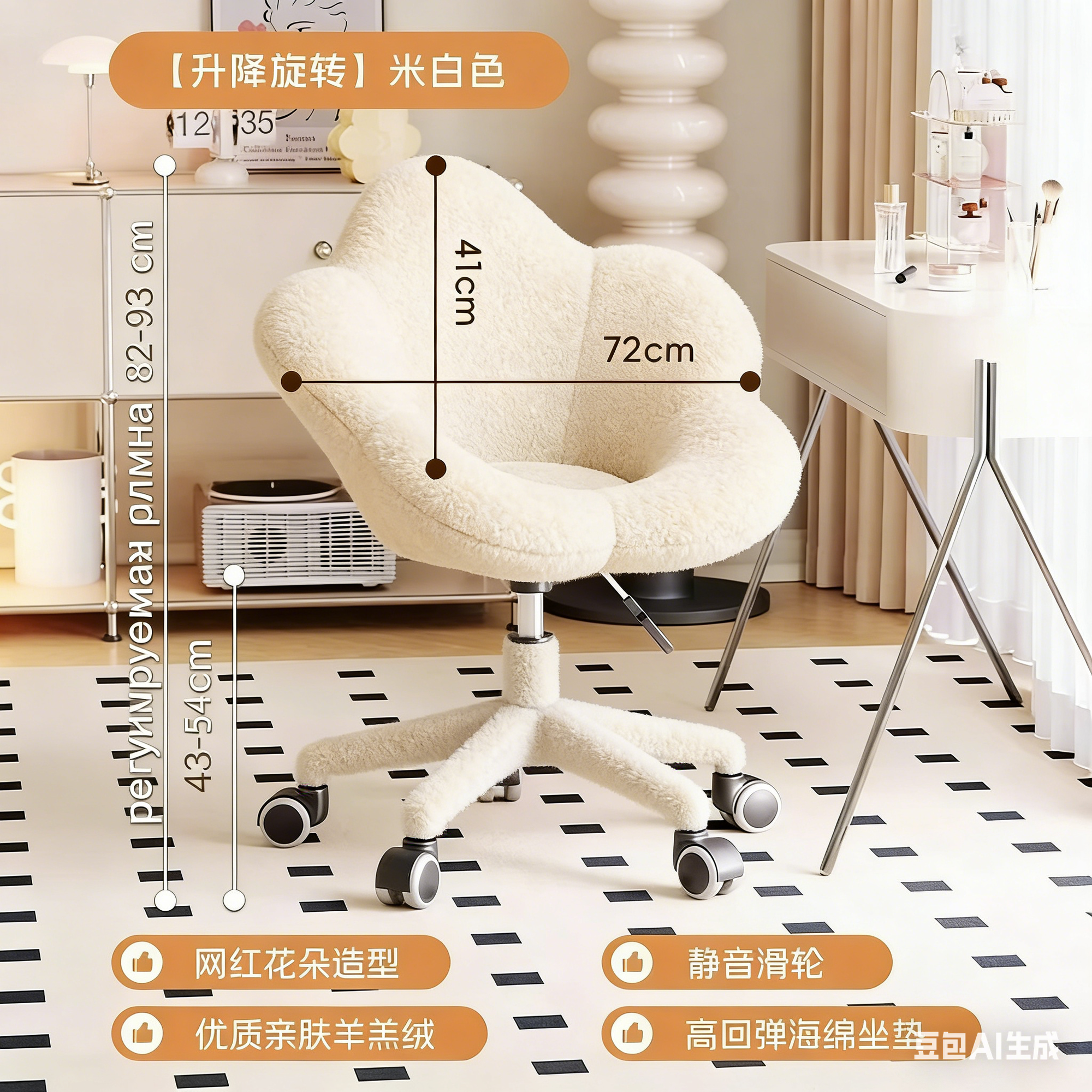 Однотонный стул со шкивом, бархат ягненка, темно-белый, регулируемая длина 82-93 см