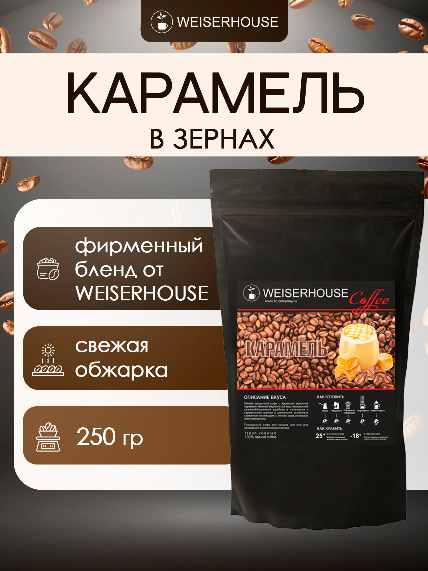 Кофе в зернах "Карамель" Арабика Робуста средняя обжарка WEISERHOUSE 250 гр.