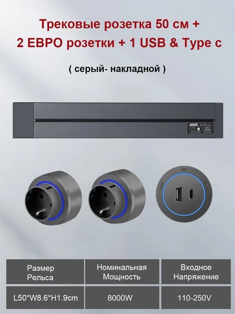 Трековая система розеток, накладная металлическая шина 50 см + 2 евро розетки+1 usb type c, серый