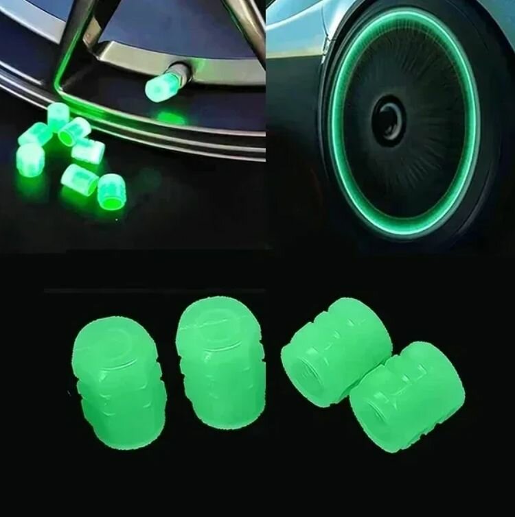 Колпачки для колёс, для шин, для клапанов, светящиеся, в темноте, комплект 2 шт, зелёный