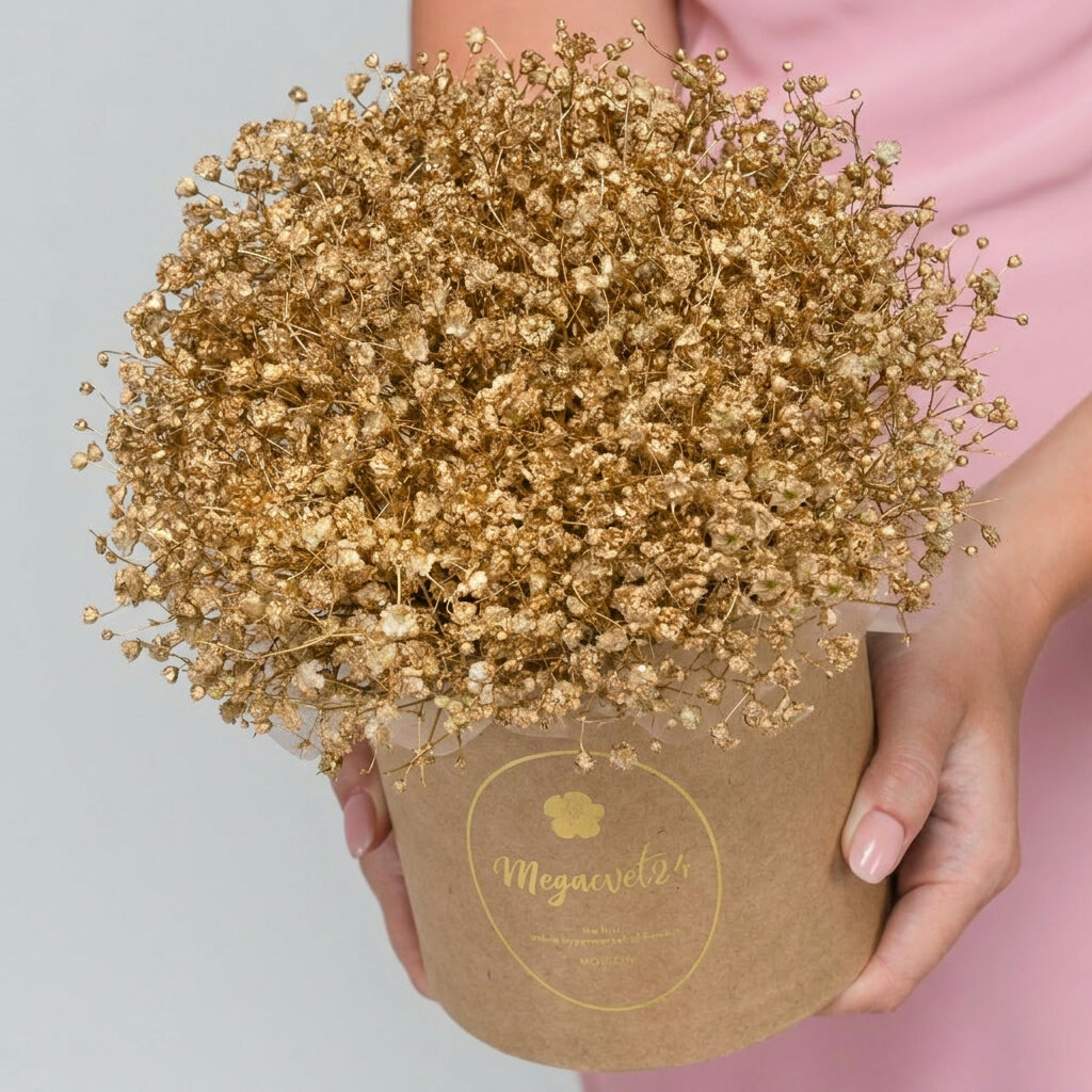 Букет Мегацвет24 "Золотой", стабилизированные цветы гипсофилы, 7 шт, в коробке
