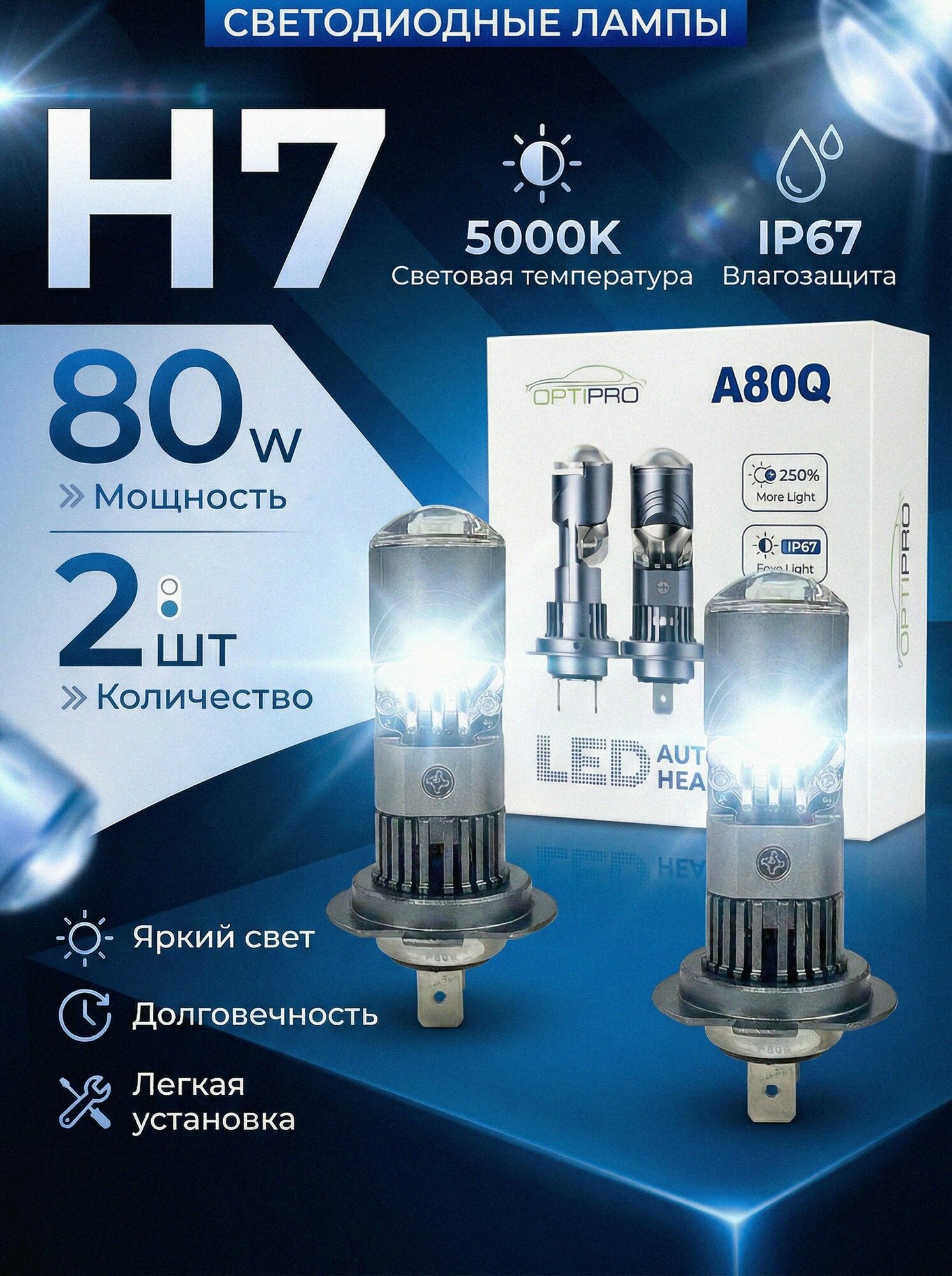 Светодиодные лампы с линзой H7 - В рефлетор для фар без штатных линз 70W / Светодиодные лампы LED Н7