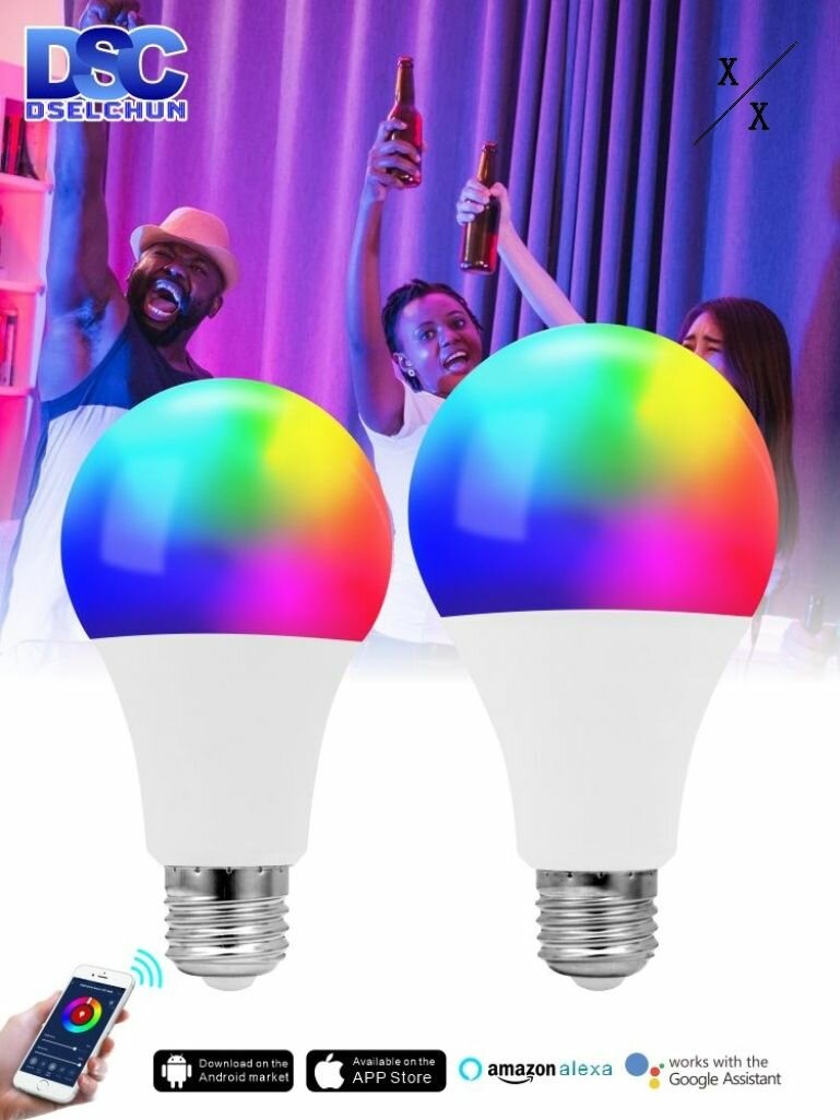 RGB Умная светодиодная лампочка, DSELCHUN,15 Вт E27 16 цвета с Wi-Fi/Bluetooth/Tuya/Smart Life/Alexa/Google Home, Подходит для комнат, садов, вечеринок