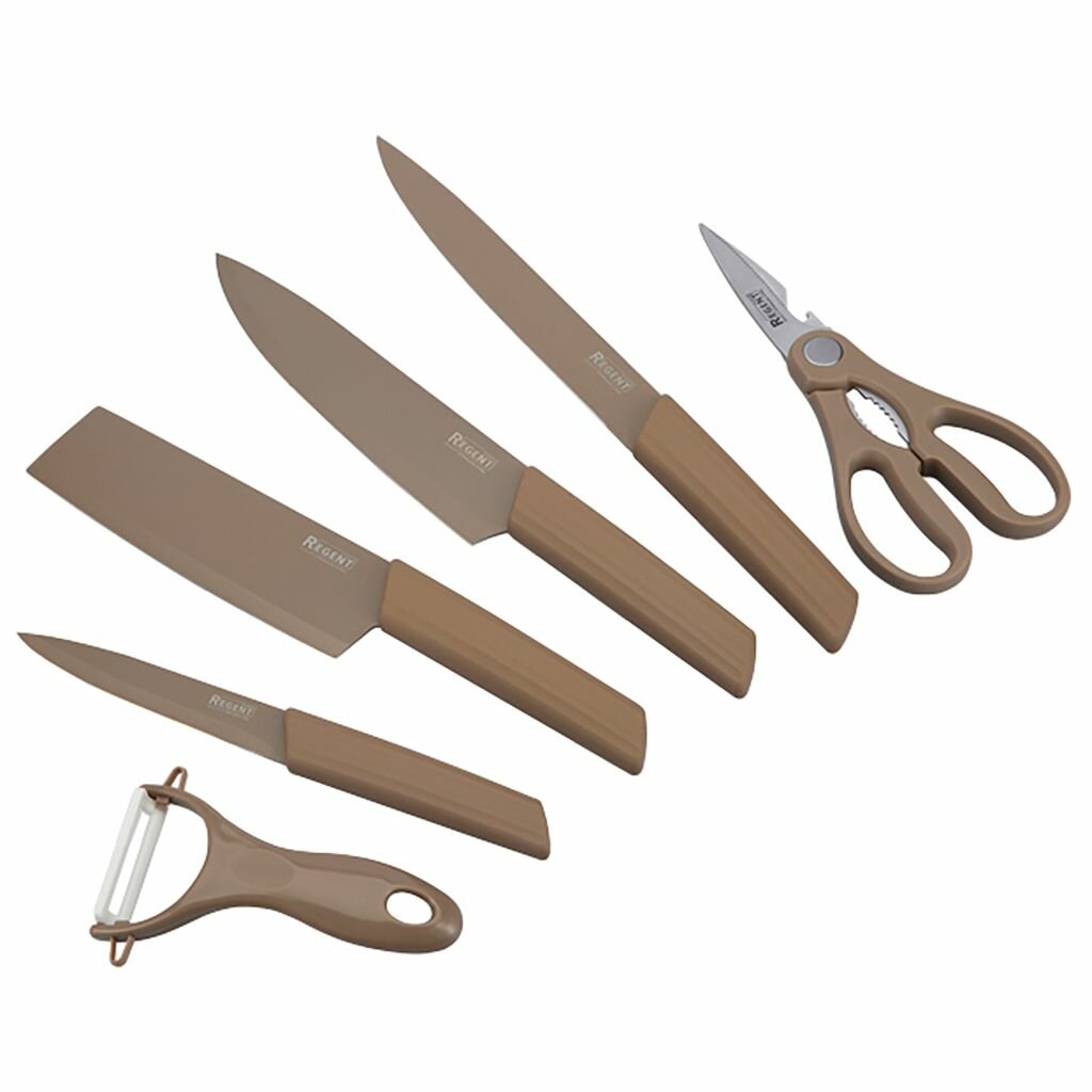 Набор ножей КНР "Linea Moka", 6 предметов, ножи из нержавеющей стали с двухсторонней заточкой, ножницы и овощечистка с керамическим лезвием, ручки из полипропилена с покрытием "soft-touch" (72-205)