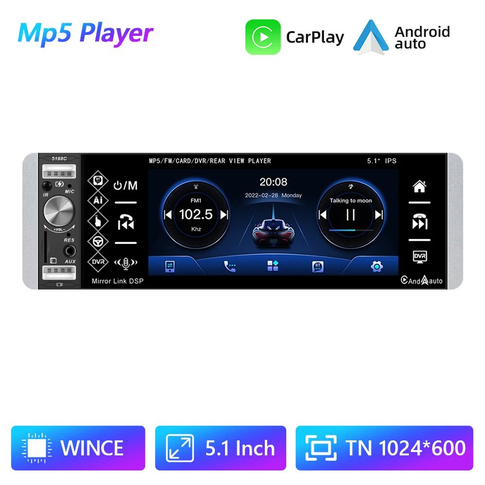 Podofo 1din MP5 плеер сенсорный автомобильный Радио FM 4-USB 5,1 дюймов Поддержка Android Radio only