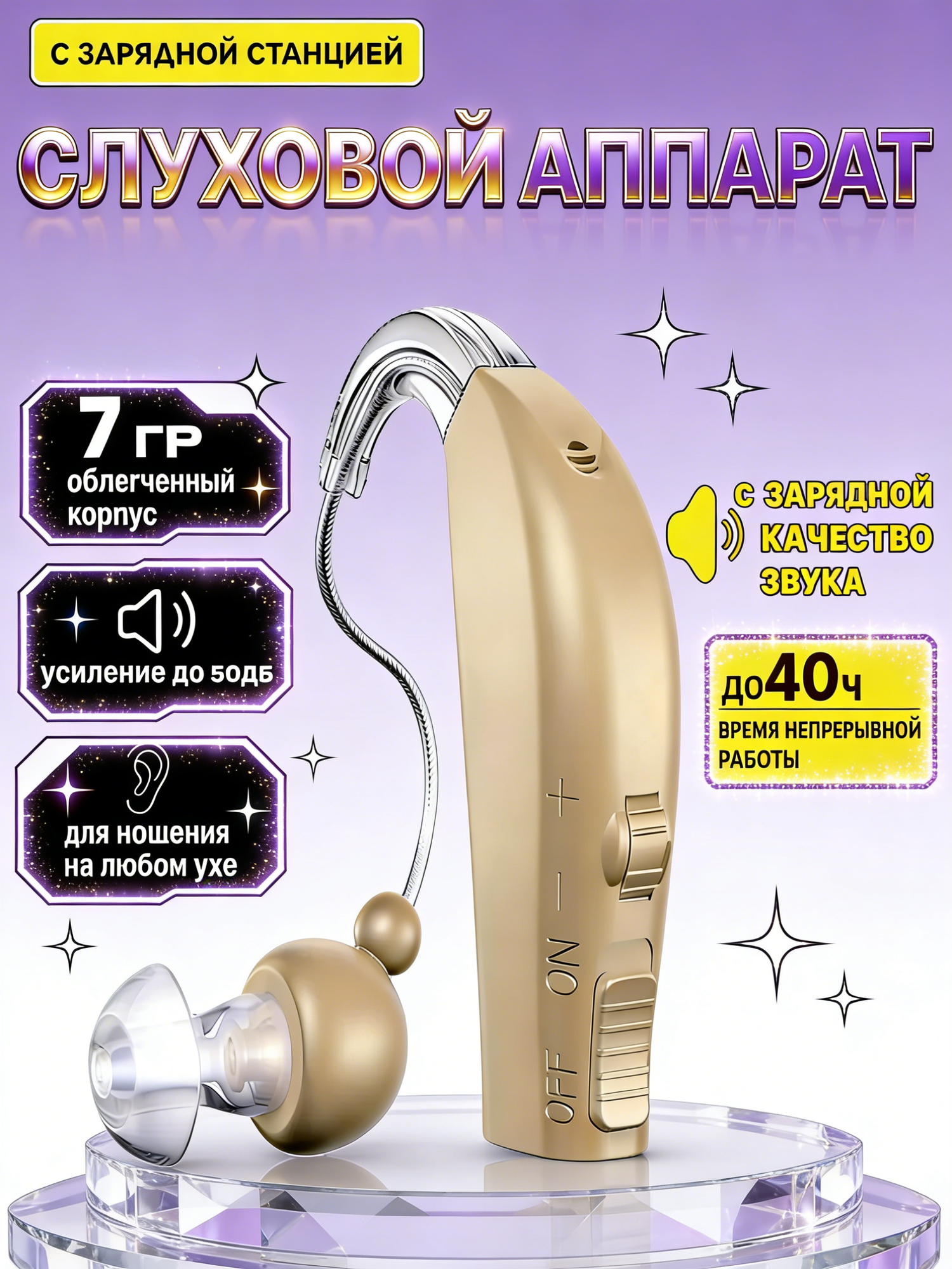 Слуховой аппарат, усиление звука до 30Х, влагозащита, мягкие амбушюры