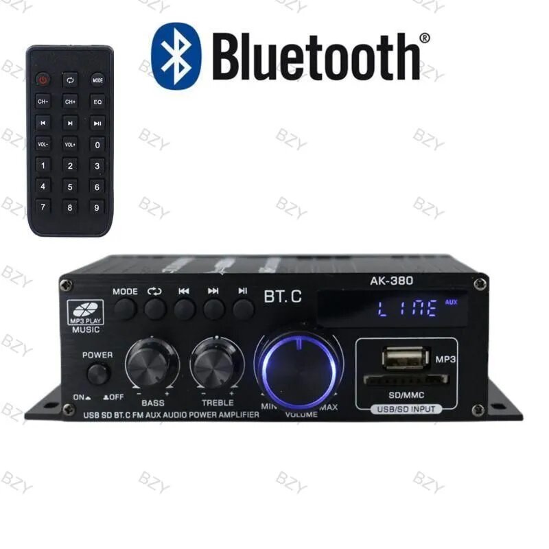 Усилитель мощности Bluetooth AK-380 Моноблок для сабвуфера 2 канала черный