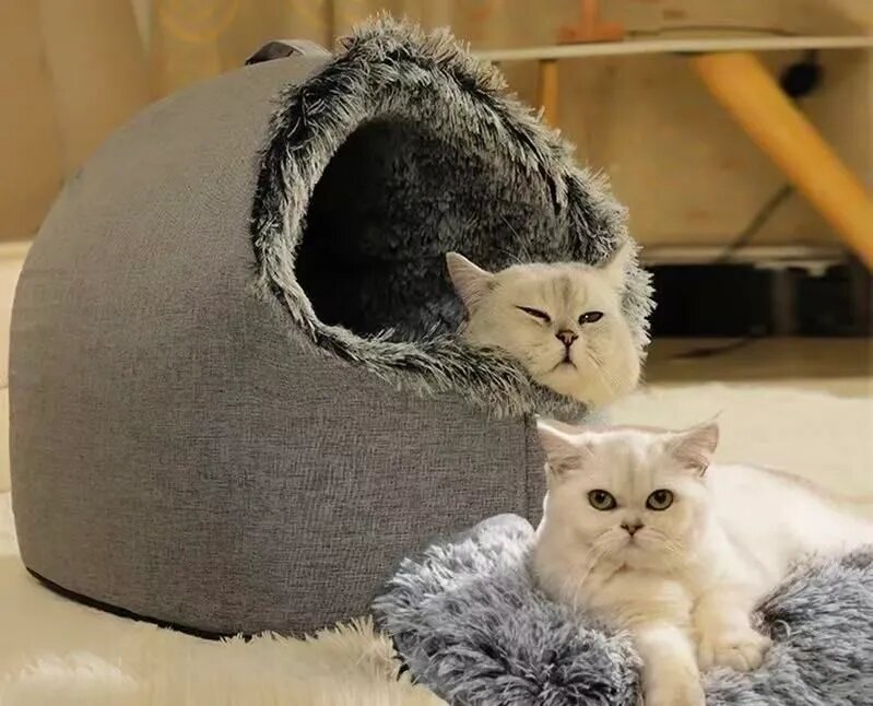 Красный кошачий домик с белым мехом, мягкий уютный дом для кошки, лежанка — фото 1