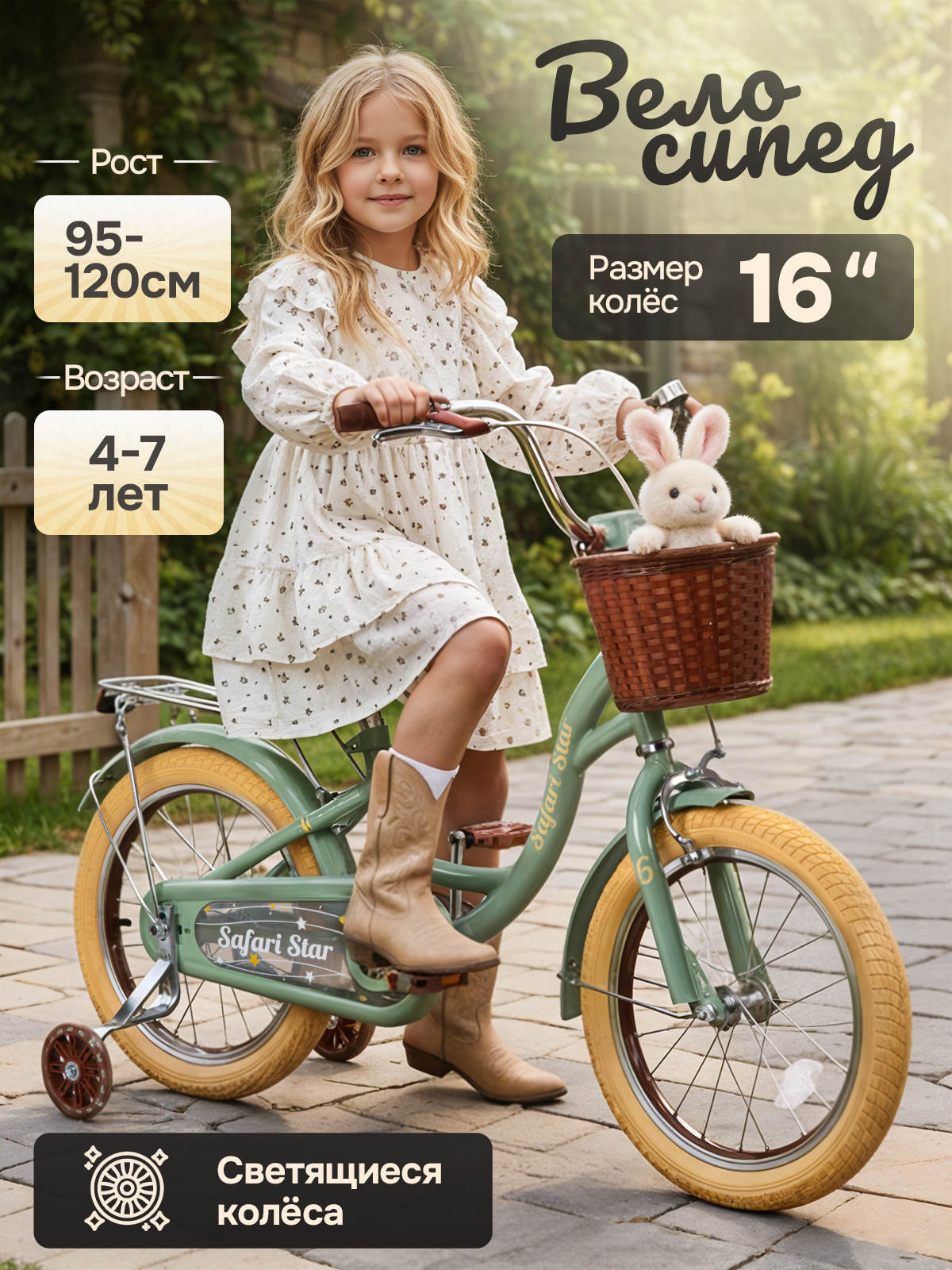 Велосипед детский двухколесный 16 дюймов на рост от 95 до 120 см, 4-7 лет