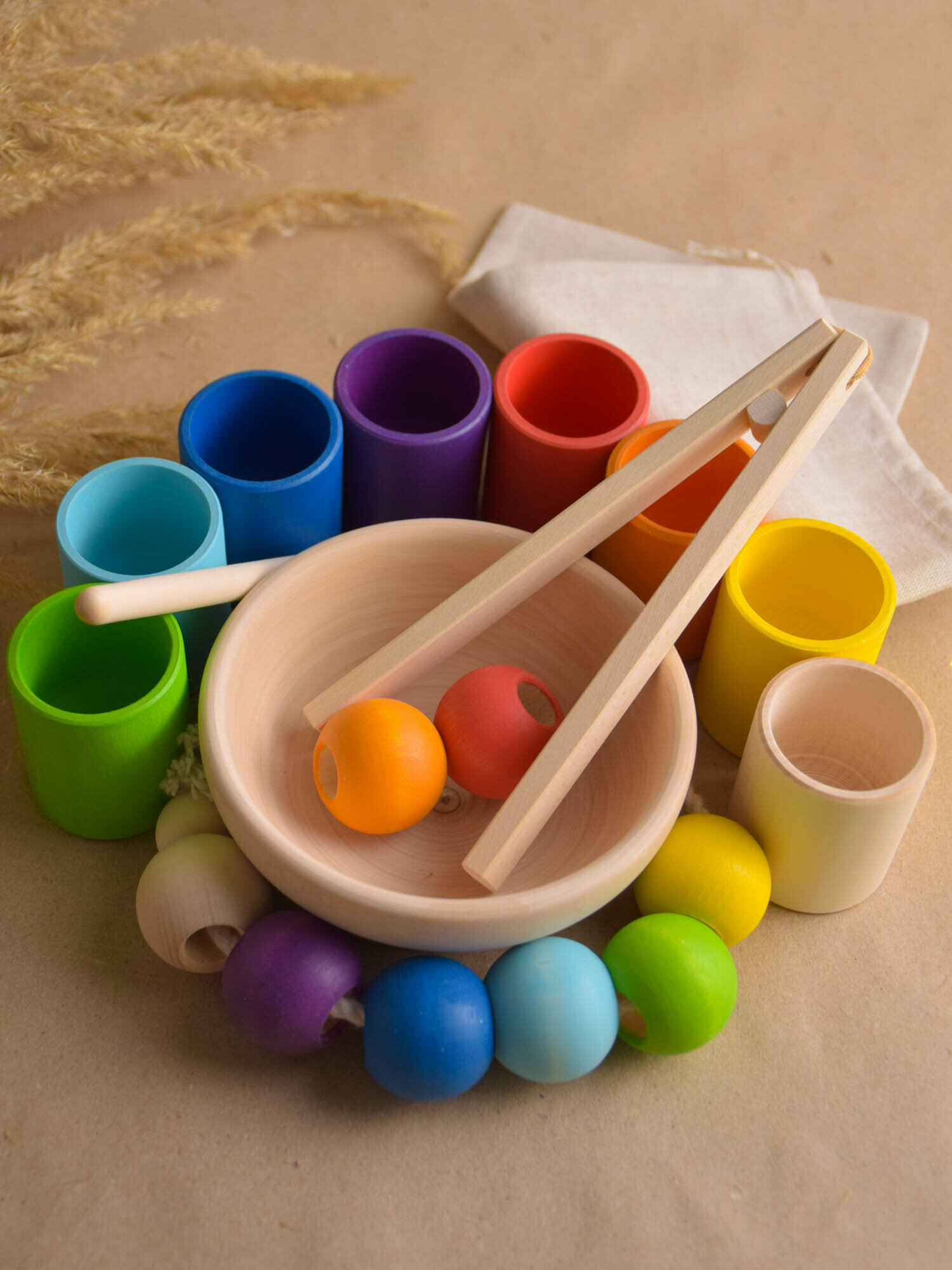 Сортер с Пинцетом Стаканчики Цвета Деревянный для Малышей
