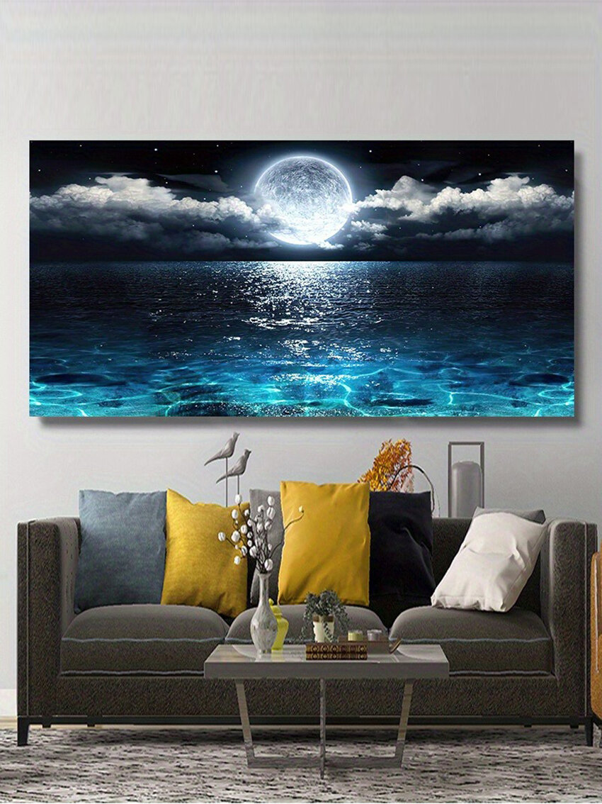 Ночная луна над морем. Пейзаж. Плакат 100x50 см.