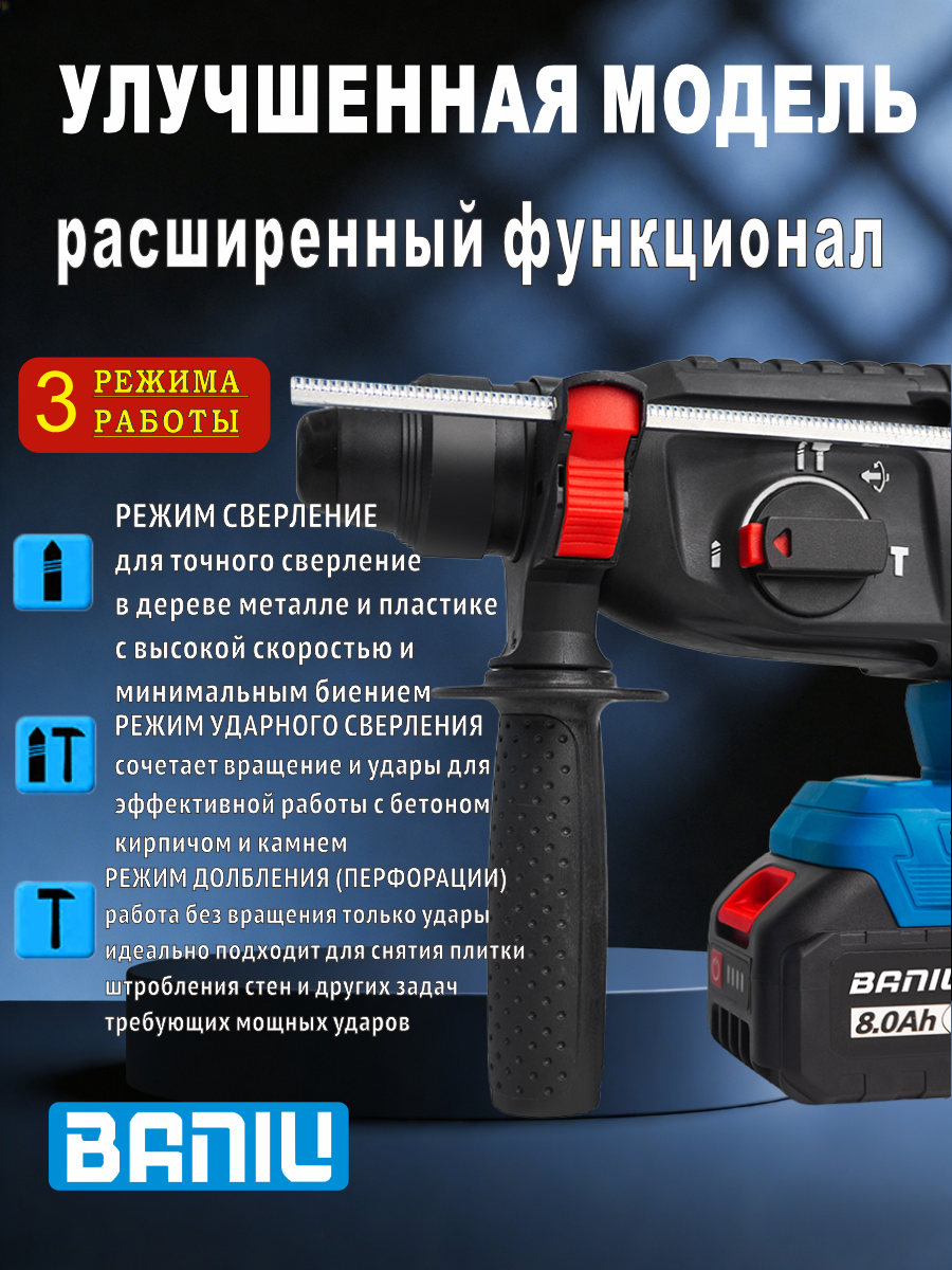 Перфоратор BANIU, аккумуляторный, 36В, 8А, частота вращения до 1200 об/мин
