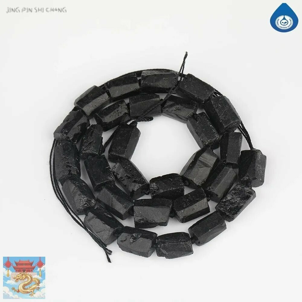 Турмалин чёрный (шерл), цилиндр гранёный 7х12 мм, бусины на нитке (около 28 шт).