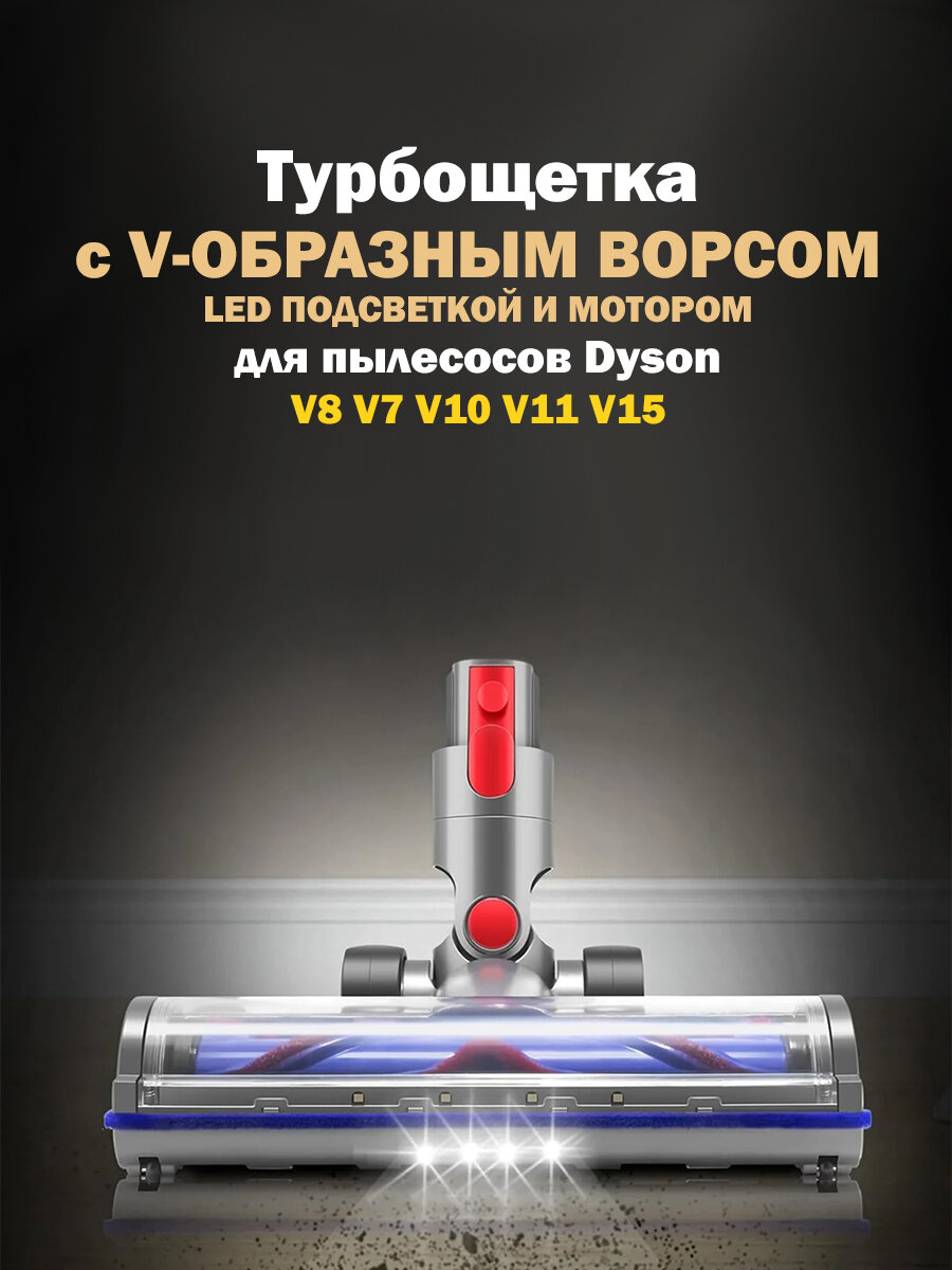 Универсальная LED турбощетка для пылесоса Dyson V10 V11 V8 V7 V15 с V-образным расположением щетинок. Насадка со светодиодной подсветкой. Щетка для ковров, ламината, паркета, плитки.