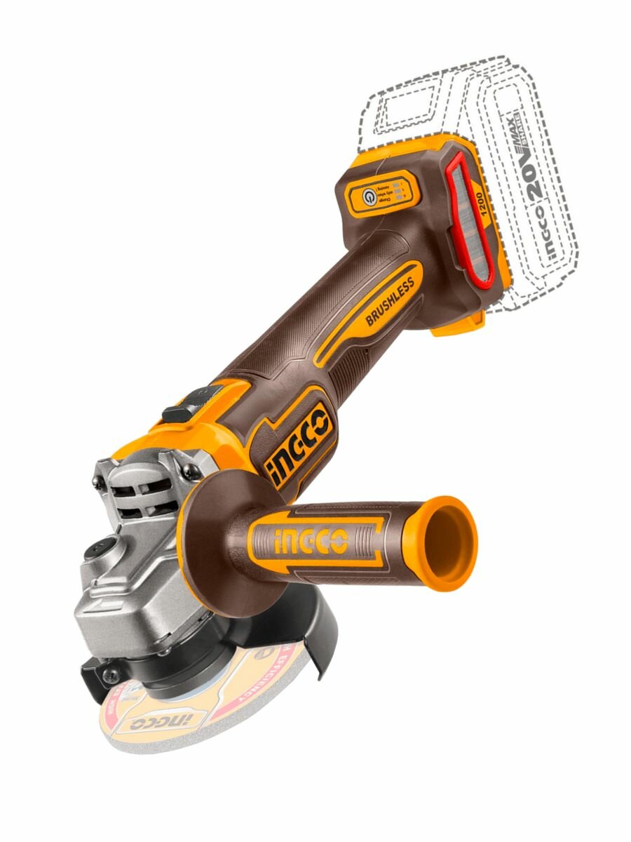 Шлифмашина угловая аккумуляторная INGCO CAGLI221153, 20 В, диск 115/125 мм, до 9000 об/мин, без АКБ и ЗУ