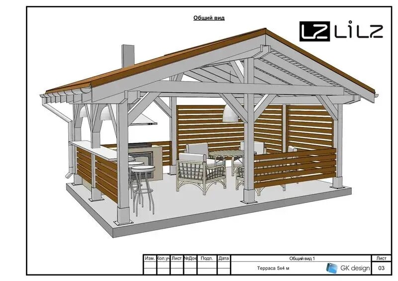 Проект террасы 5х4 м с двухскатной кровлей, бумажная версия