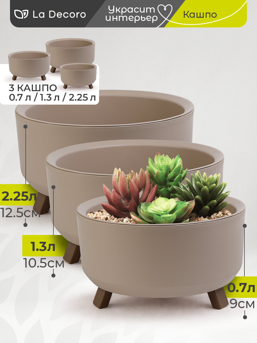 Набор кашпо на ножках La Decoro, горшок для цветов с дренажной вставкой, грация прайм, 3 шт, цвет пудровый
