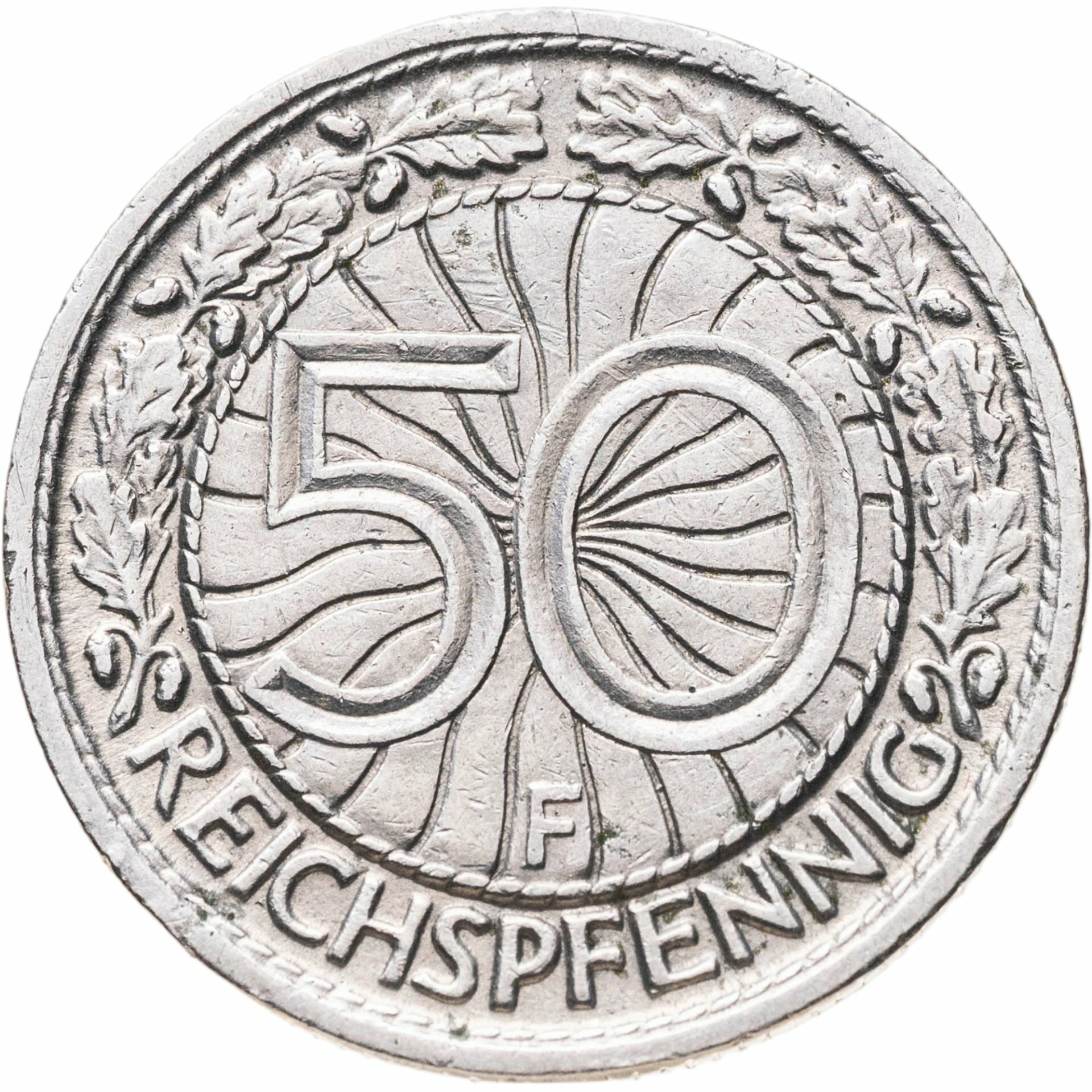 Германия 50 рейхспфеннигов reichspfennig 1928, знак монетного двора "F" — Штутгарт, Никель, в сохранности XF