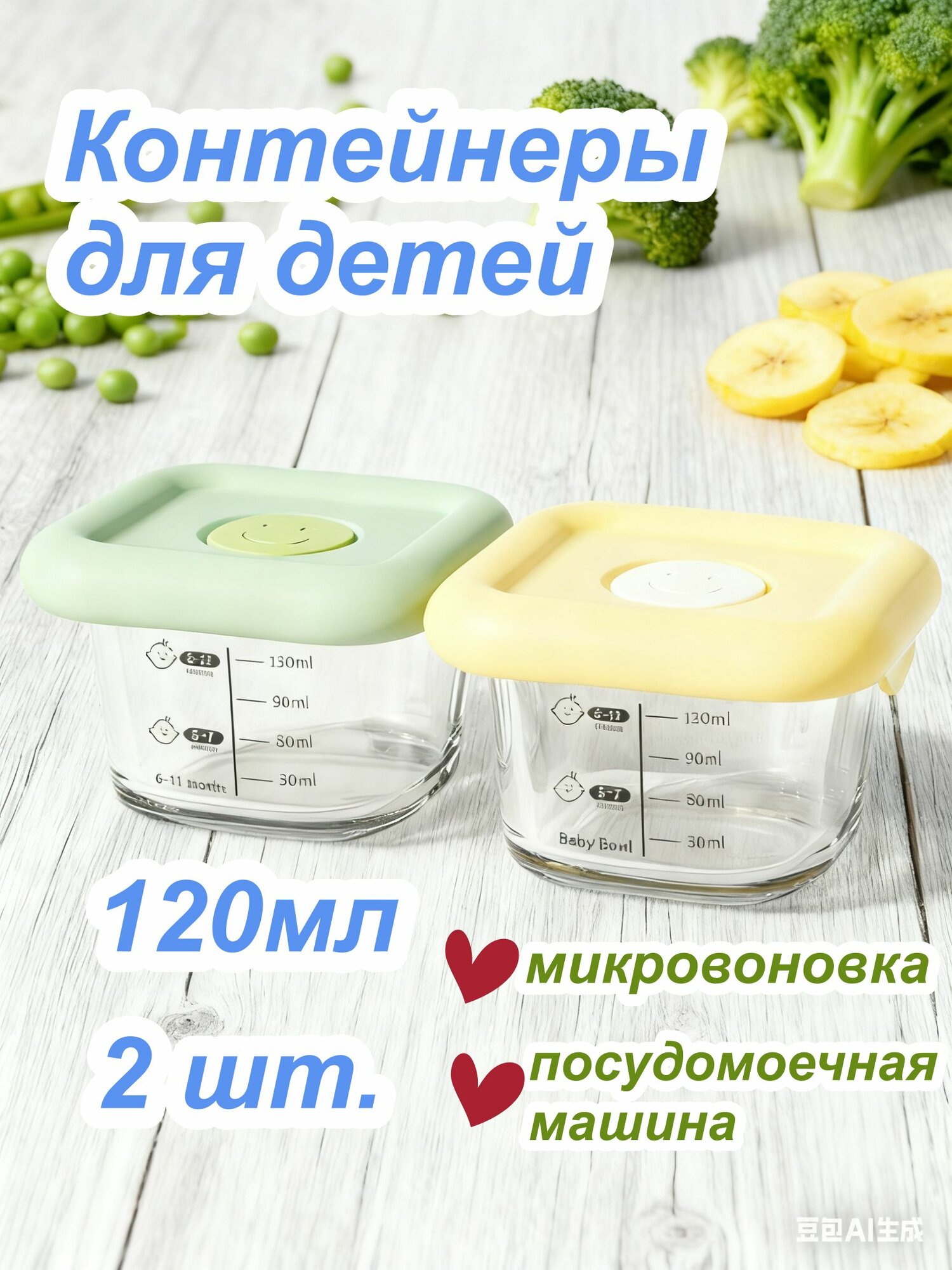 Стеклянные контейнеры для детского питания 120 мл (2 шт.), контейнер маленький