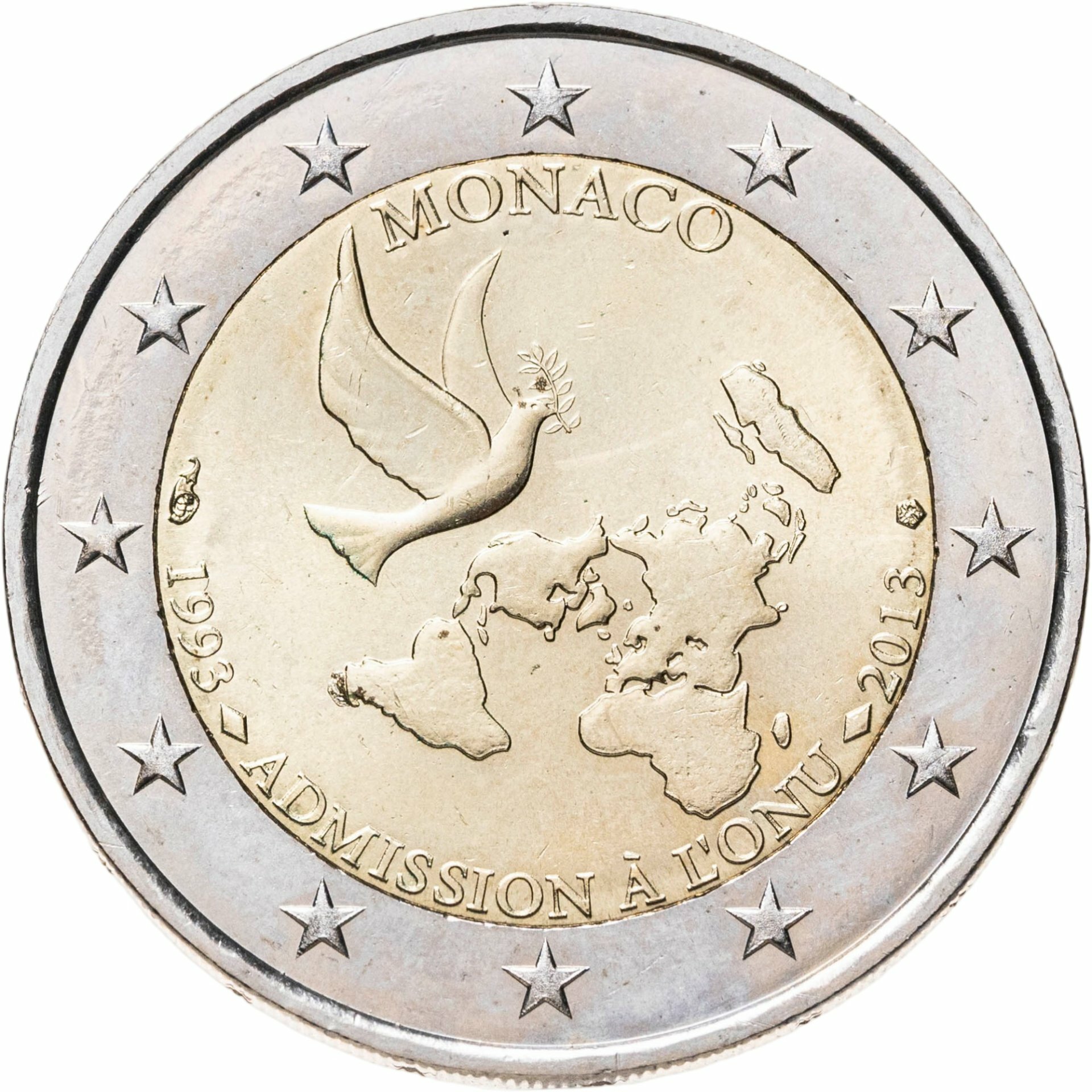Монако 2 евро euro 2013 "20 лет вступления в ООН", Биметалл, в сохранности UNC