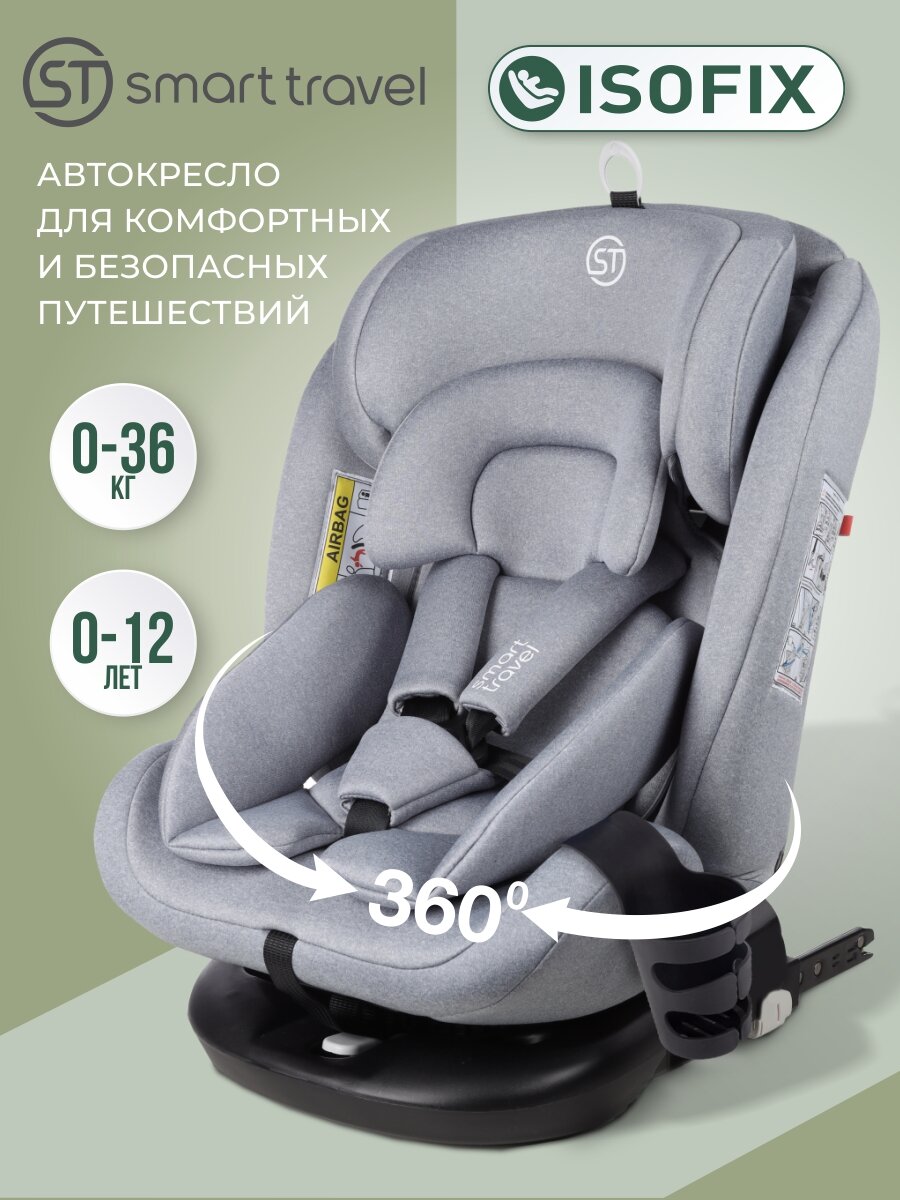 Автокресло детское поворотное Smart Travel Boss Isofix от 0 до 36 кг, Light grey