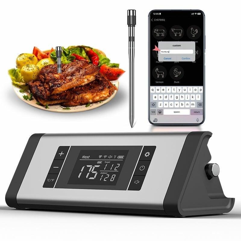Беспроводной цифровой зонд Bluetooth-термометра для мяса, с ЖК-экраном и поддержкой мобильного приложения для сигнализации, для приготовления на гриле в духовке.
