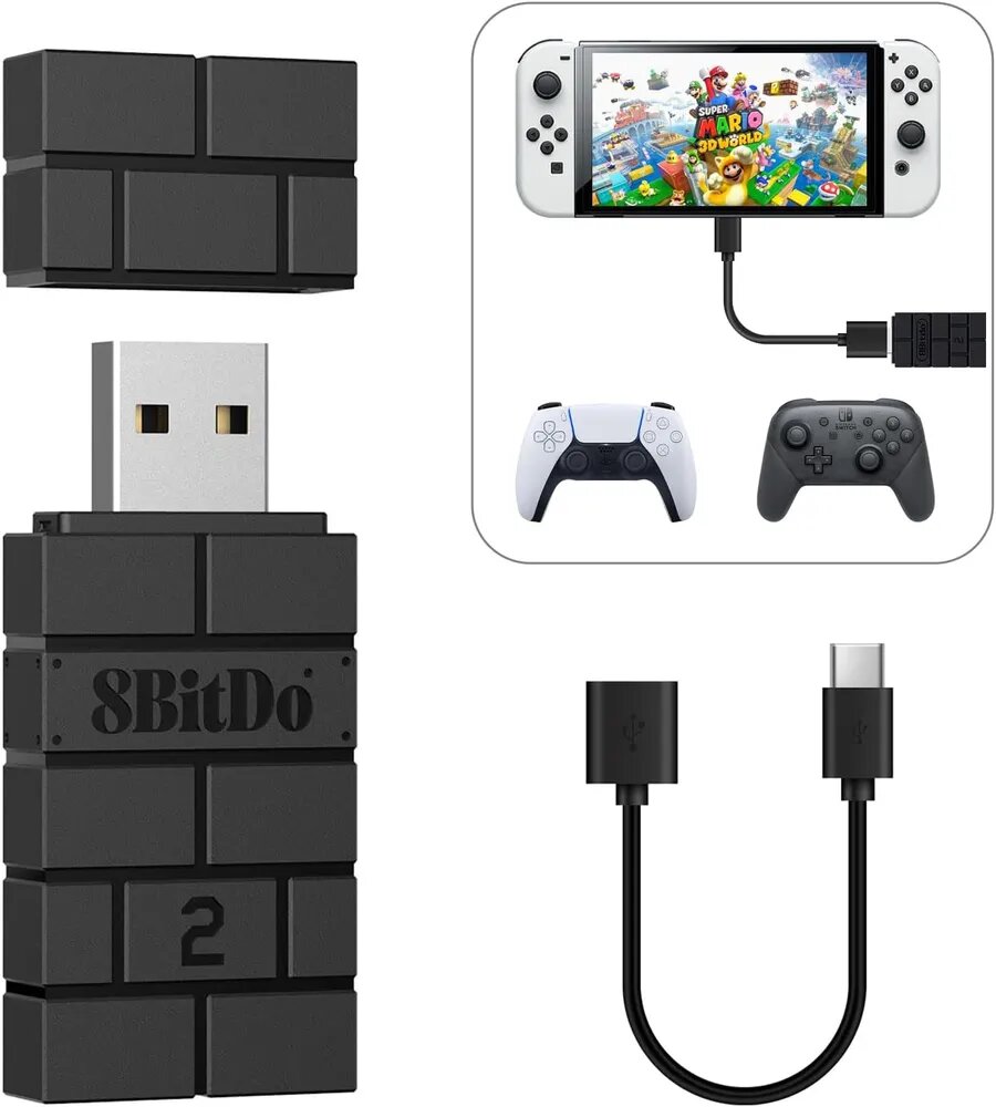 Беспроводной USB-адаптер 8Bitdo 2 для Switch 2, совместимый с контроллерами Xbox Series X и S, Bluetooth-контроллером Xbox One PS5/PS4 с кабелем OTG