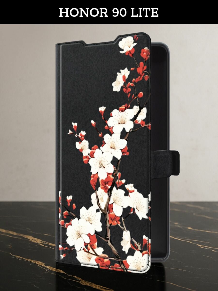 Чехол-книжка на Honor 90 Lite / Хонор 90 Лайт с принтом Красивая ветка с цветами, черный