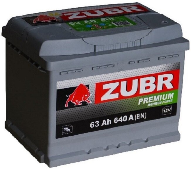 Аккумулятор автомобильный Zubr Premium 63 А/ч 640 А обр. пол. Евро авто (242х175х190) ZP630