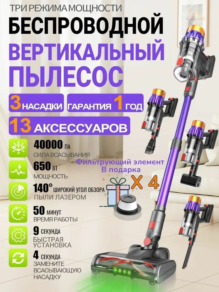 Пылесос вертикальный беспроводной, Идеальный пылесос вертикальный беспроводной с тремя режимами мощности, циклонная фильтрация с нера фильтром, Мощность всасывания 650 Вт,4 вида насадок