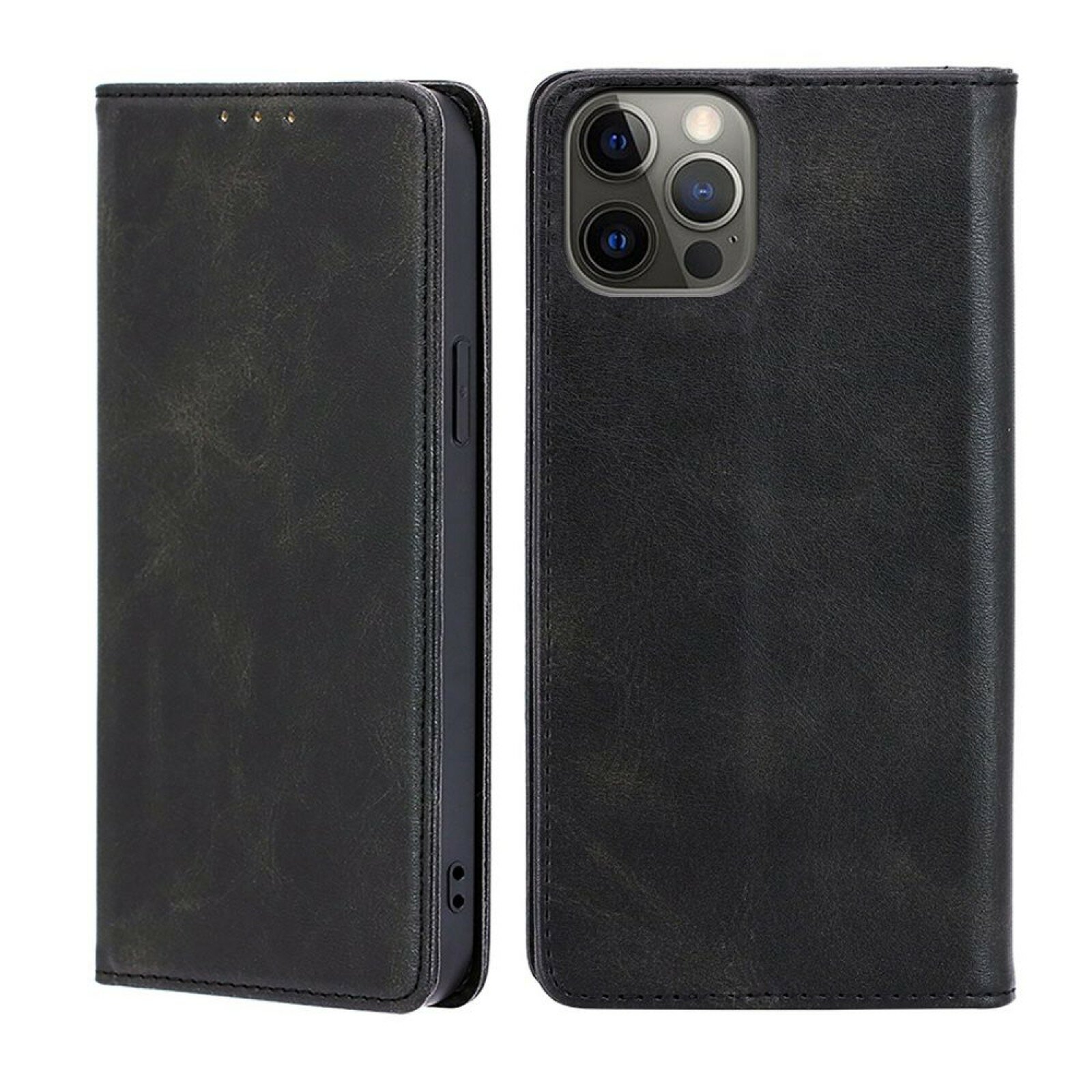 Чехол-книжка MyPads для Apple iPhone 12 / 12 Pro из натуральной телячьей кожи, магнитное закрытие, черный