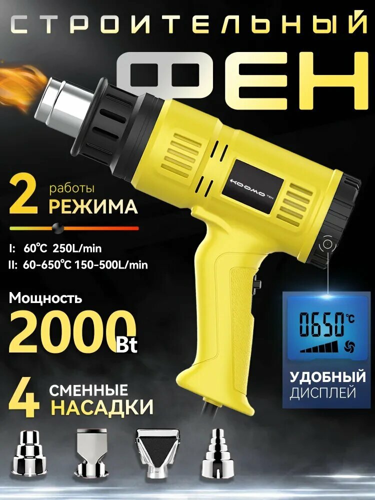 Фен строительный с регулировкой температуры с дисплеем (220 В, 2000 Вт, 60-650 градусов, электронная регулировка, ЖК-дисплей+4 аксессуары )