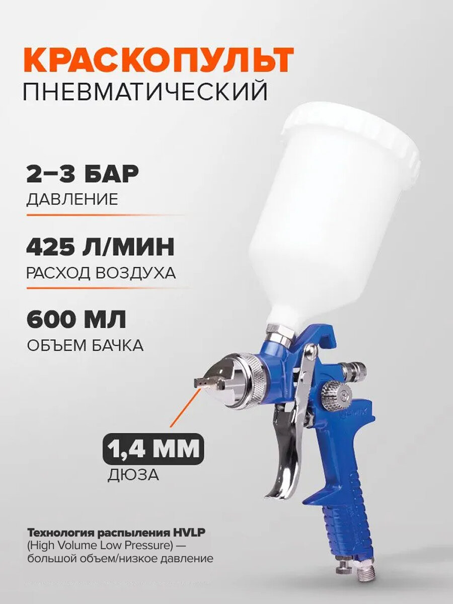 Краскопульт пневматический REMIX H-827 сопло 1.4 мм, 600 мл для авто, мебели, дерева, для компрессора/ с верхним бачком