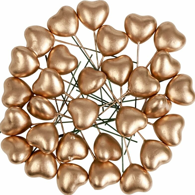 Топперы "Сердечко" для творчества, декор на палочке для поделок и флорариума, декоративные штекеры для кашпо и цветочных горшков, украшение для комнатных растений, набор 30 штук, цвет золотой